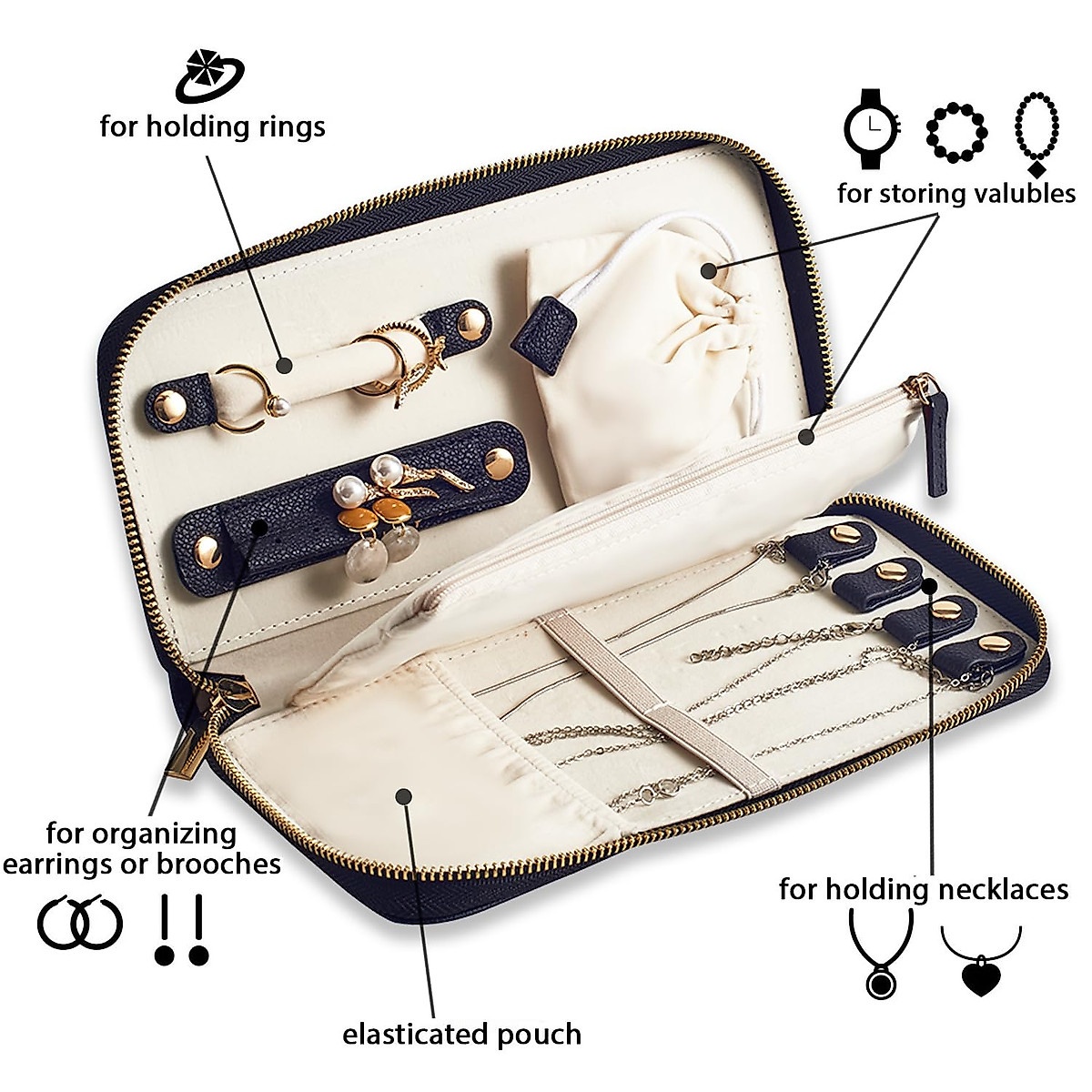 FEMIECHO Travel Jewelry Organizer Case - for Tangle-Free Necklaces, Earrings, Rings, Bracelets Storage, Travel Essentials, Fashion Portable Jewelry Travel bags for Women - Medium Black