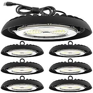 Sunco 6 Pack UFO LED High Bay Light, Plug & Play Lighting for Warehouse, 5000K Daylight, 200W, Power Cord Included, 28000 LM, 120VAC, IP65 Waterproof Shatterproof Fixture - UL Listed