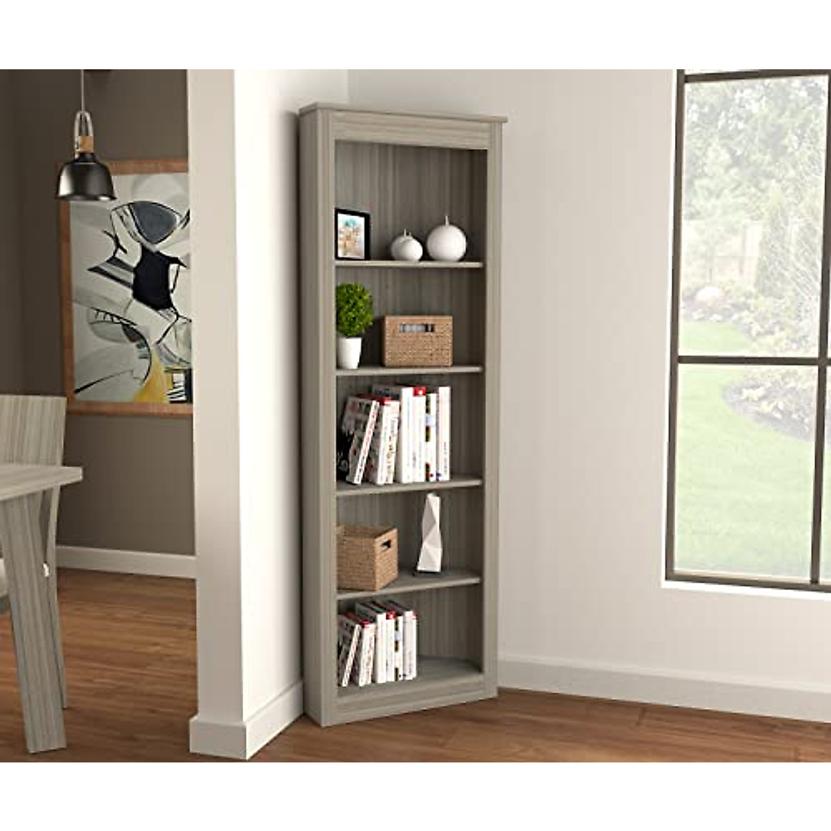 Inval 71" 5-Shelf Corner Bookcase, Gray Smoke Oak