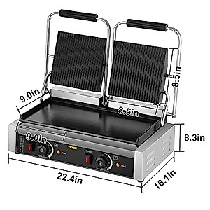 Happybuy Commercial Sandwich Panini Press Grill,110V 2x1800W Double Up Grooved and Down Flat Plates Electric Stainless Steel Sandwich Maker,Temperature Control 122°F-572°F for Hamburgers Steaks Bacons