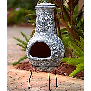 Outdoor Clay Chiminea Fire Pit Overall Size 34.2 inch Tall - Patio Handcrafted Chimenea, Backyard Fireplace with Cover Lid, Rustic Ceramic Chimney