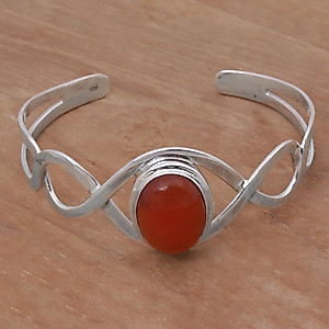 NOVICA Artisan Carnelian Cuff Bracelet and Sterling Silver from Indonesia Red Flame Birthstone [6 in L (end to End) x 1.1 in W] ' Dna in Scarlet'