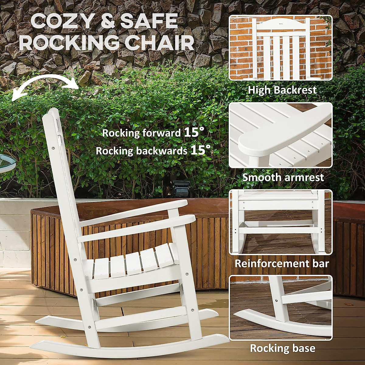 Outsunny 2 Piece Outdoor Rocking Chair Set, HDPE Rocking Patio Chairs with Rustic High Back, Armrests, Oversized Seat and Slatted Backrest, 350lbs Weight Capacity, White