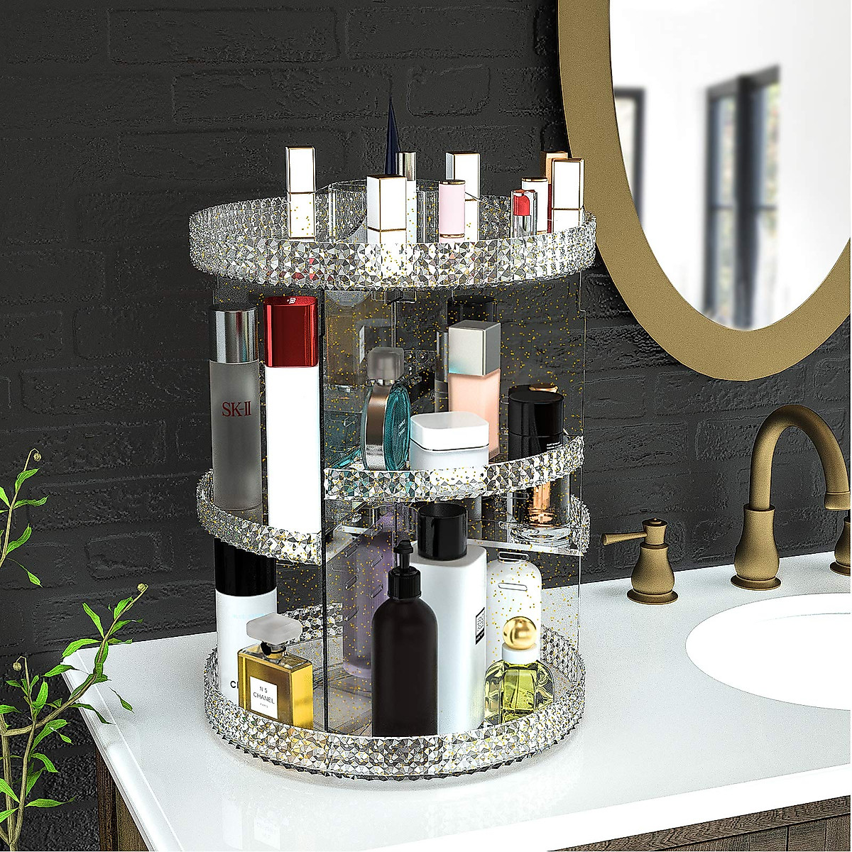 HEMTROY 360 Degree Rotating Makeup Organizer, Extra Large Capacity Organizador De Maquillaje, Removable 7 Layers Lipstick Organizer Cosmetic Storage Cases Perfume Organizer for Vanity (Glitter)