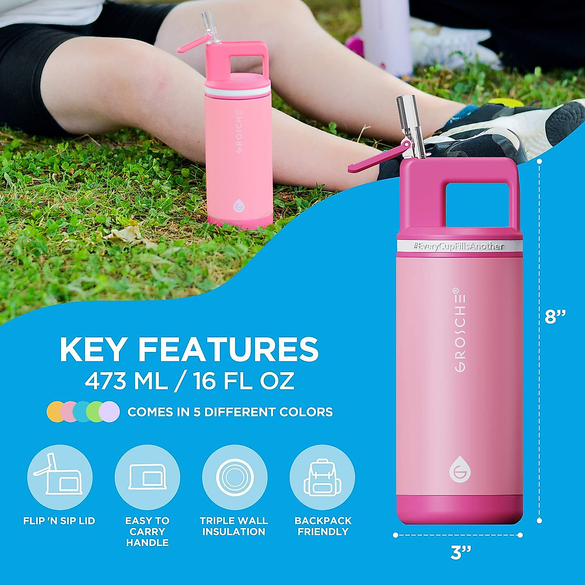 GROSCHE Alpine Flip n' Sip 16oz Insulated Kids Water Bottle - Stainless Steel, Leakproof Flask with Straw - Perfect for Gym, Travel & Outdoor Use - Keeps Water Cold upto 60 hrs - Flamingo Pink