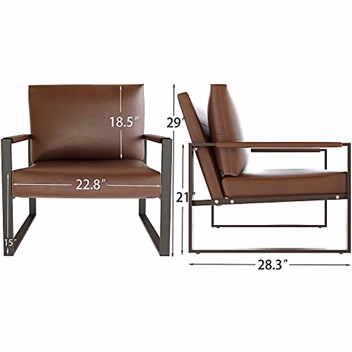 Lamerge Leather Accent Chair Sofa Chair with Extra-Thick Padded Backrest and Seat Cushion Single Sofa for Living Room Bedroom, Black Metal Frame, 105 Degree Slant Back, Brown,Set of 1