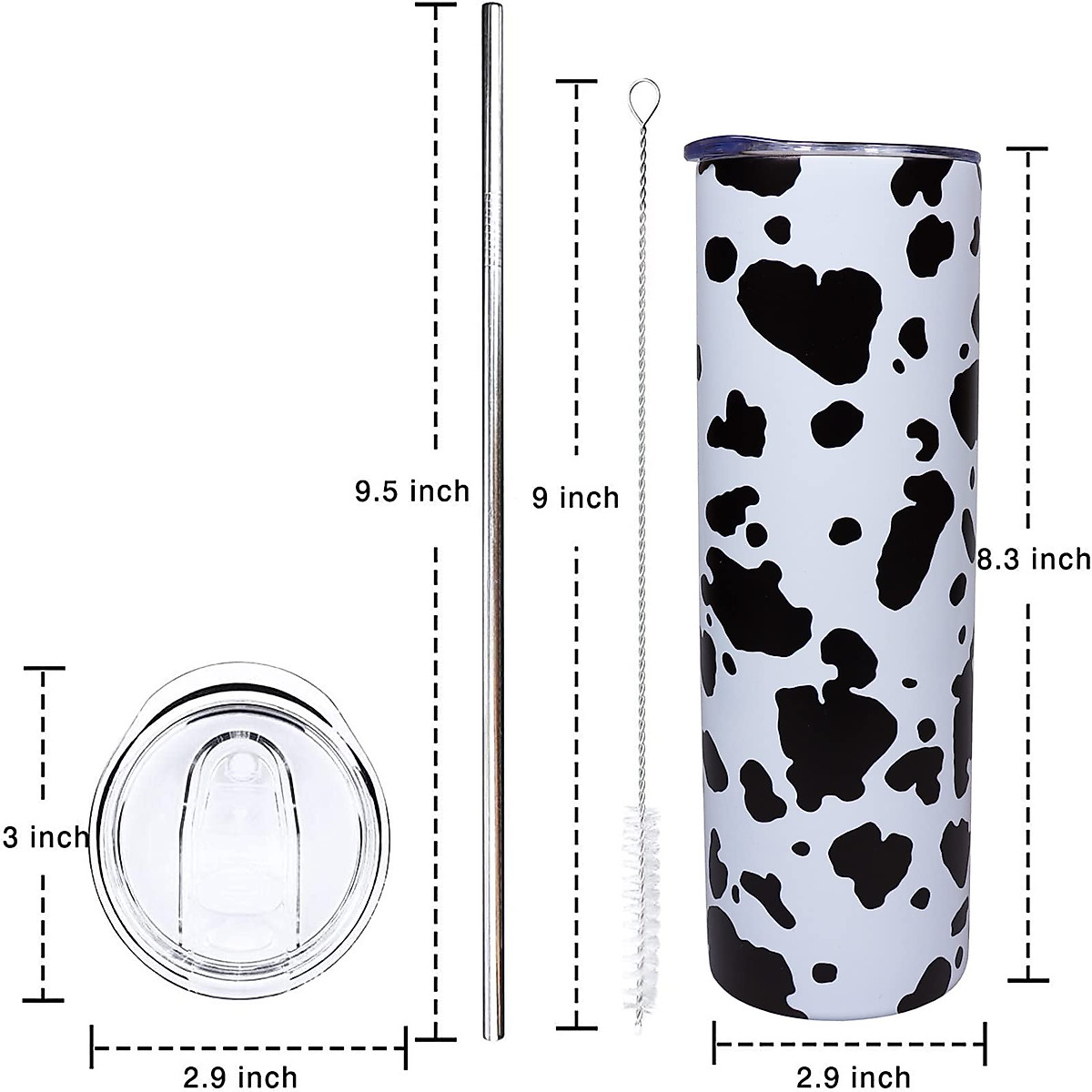 IchDich Cow Print Tumbler With Lid and Straw 20 oz Insulated Black Cow Tumbler Stainless Steel Cow Print Skinny Tumbler Water Bottle Coffee Cups Travel Mug Gifts for Women