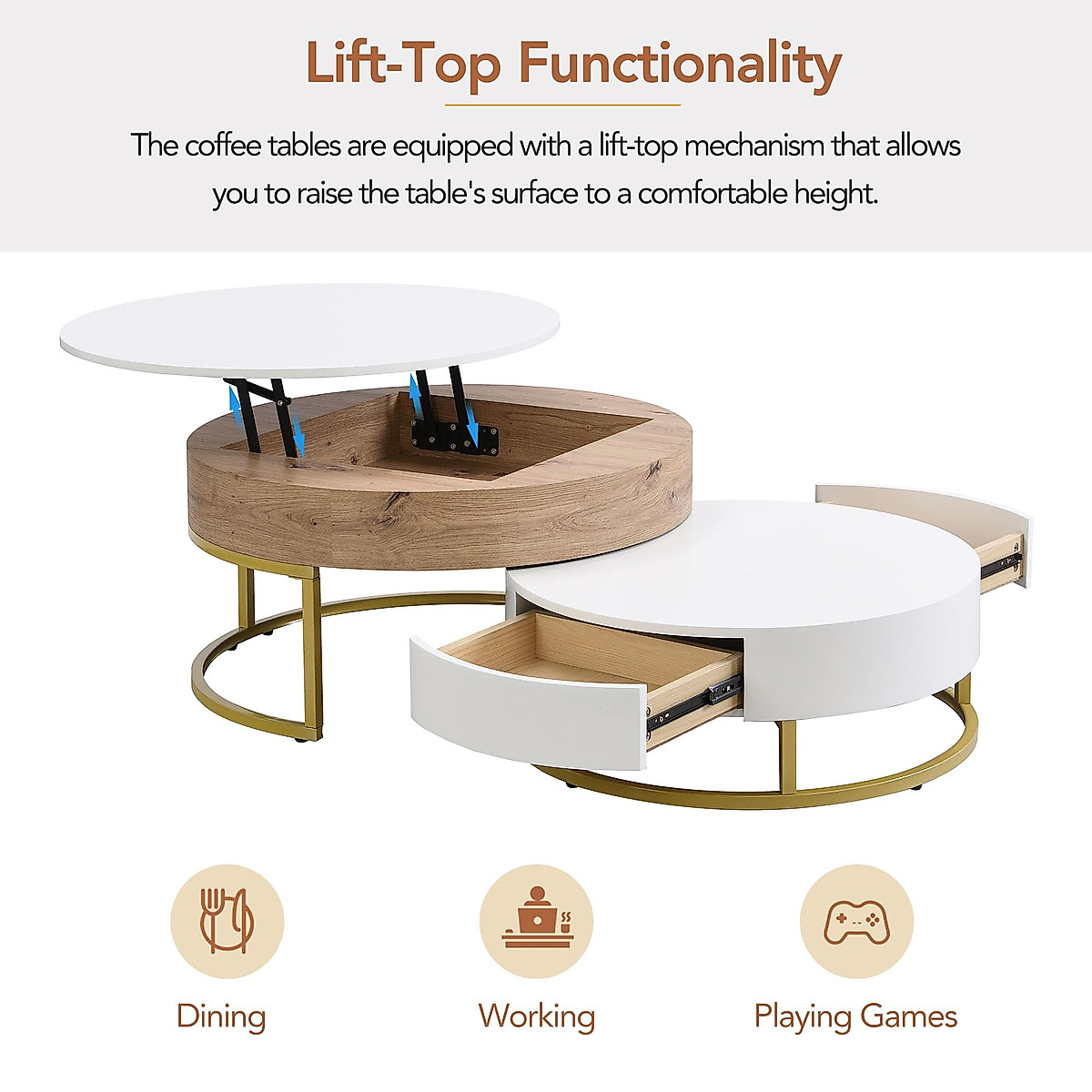 Modern Lift-top Coffee Table for Living Room, Set of 2 Round Nesting Coffee Table, Center Table with 2 Drawers, Suitable for Living Room and Office (Oak Natural Wood + Antique White)