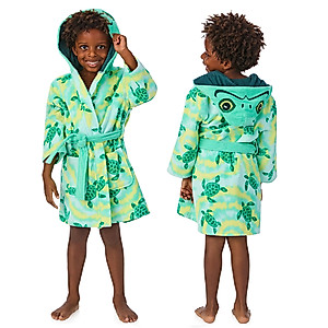 Saint Eve Kids Swim Coverup with Hood - Boys & Girls Soft Robe with Pockets and Waist Tie - Absorbent Terry Cloth - Green Turtle - Medium