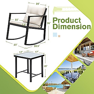 Devoko 3 Piece Rocking Bistro Set Wicker Patio Outdoor Furniture Porch Chairs Conversation Sets with Glass Coffee Table (Beige)