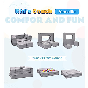 Elftopia Modular Kids Sofa,Toddler Couch Foam Armchair for Kids, Children Convertible Plush Sofa Play Set,Fold Out Sofa Bed(Grey)