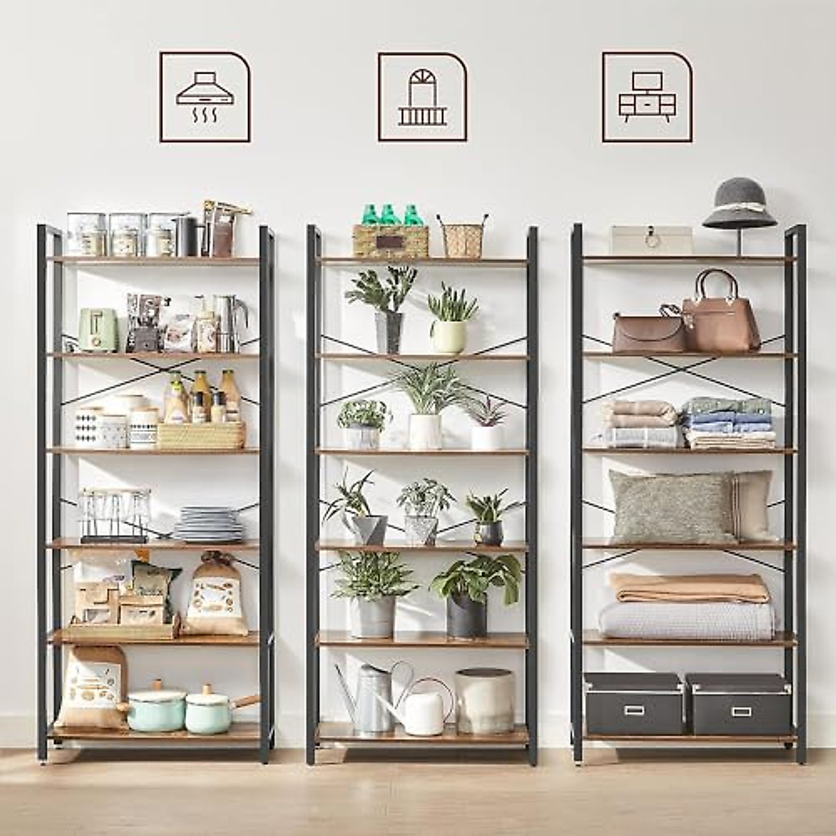 Fancial 6-Tier Tall Bookshelf, Large Bookcase with Steel Frame, Deep Book Shelf for Living Room, Home Office, Study, 11.8 x 31.5 x 73.2 Inches, Industrial Style, Rustic Brown and Black