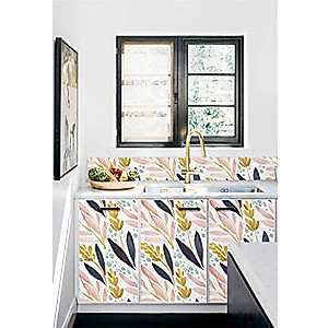 HAOKHOME 93027 Watercolor Forest Peel and Stick Wallpaper Removable White/Pink/Navy/Yellow Floral Vinyl Self Adhesive Shelf Liner 17.7in x 9.8ft