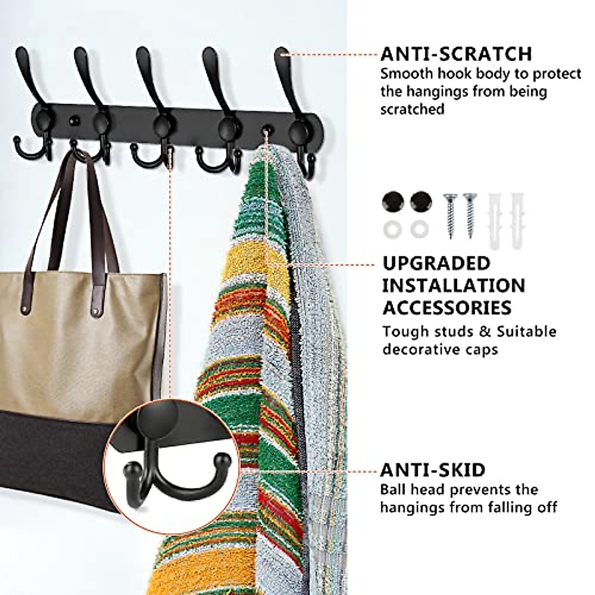 PHINGEER Coat Rack Wall Mount, Heavy Duty Wall Mounted Coat Rack with 5 Metal Hooks for Entryway, Bathroom, Mudroom