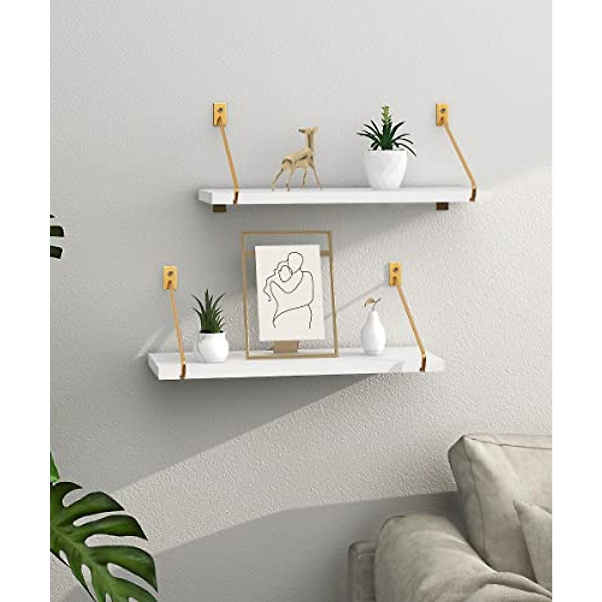 Gronda White Floating Shelves Set of 2, Modern Floating Shelves Wall Mounted with Gold Bracket Wall Shelves for Living Room Bathroom Bedroom Kitchen Office