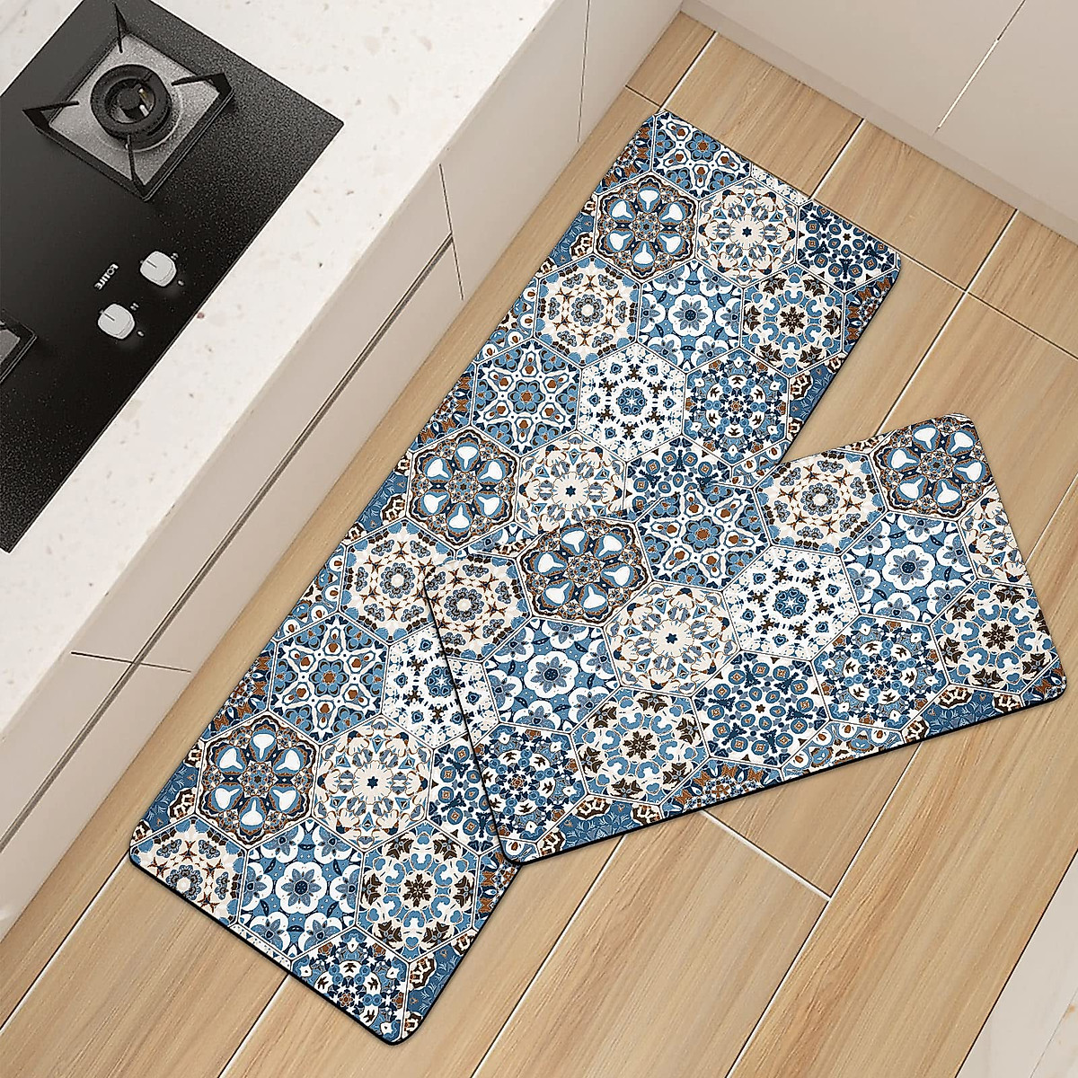 Blue Boho Kitchen Mats Set of 2 Cushioned Anti-Fatigue Kitchen Rugs Waterproof Kitchen Floor Rug Washable Comfort Standing Mat Kitchen Carpet Runner Rug for Sink Laundry,17.3x28+17.3x47 Inch