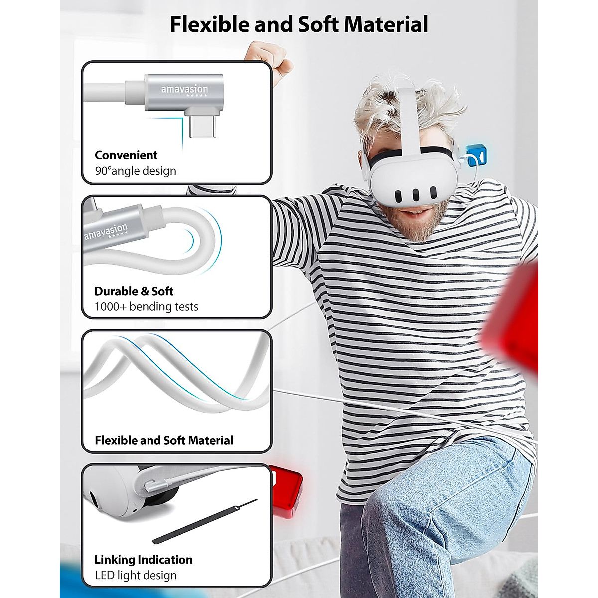 Amavasion Link Cable 16FT Compatible with Meta Quest 3/3S Oculus Quest 2 Accessories and PC/Steam VR,Super High Speed PC Data Transfer USB 3.0 to USB C Cable for VR Headset and Gaming PC