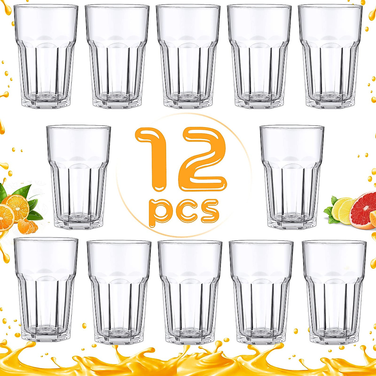 Zopeal Water Glasses Set of 12 Drinking Glasses Tumblers Glassware Highball Glasses Tall Glass Cups Clear Heavy Base Glasses for Christmas Party Water Soda Beer Cocktails and Mixed Drink (14.5 oz)