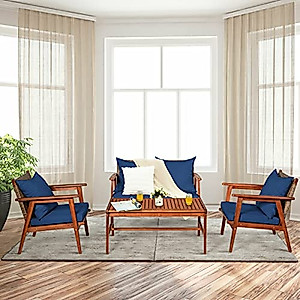 LUKEO Patio Rattan Furniture Set Acacia Wood Frame Cushioned Sofa Chair Navy Single Sofa Loveseat