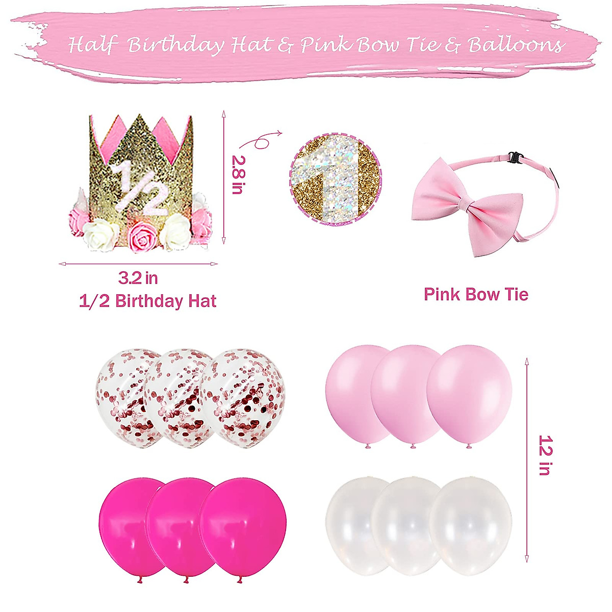 Half Birthday Decorations Baby Girl, Hombae 12 Birthday Decorations Supplies, 6 Months Birthday Decorations, Pink Rose Gold Glitter Half Birthday Banner with Triangle Flag Banner, 12 Birthday Hat