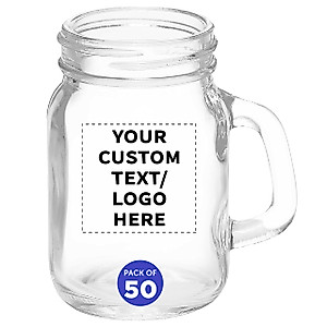 Custom Mason Jar with Handle Set 4.5 oz. Set of 50, Personalized Bulk Pack - Sampler Glasses, Glass Jars for Overnight Oats, Candies, Fruits, Pickles, Spices, Beverages - Clear