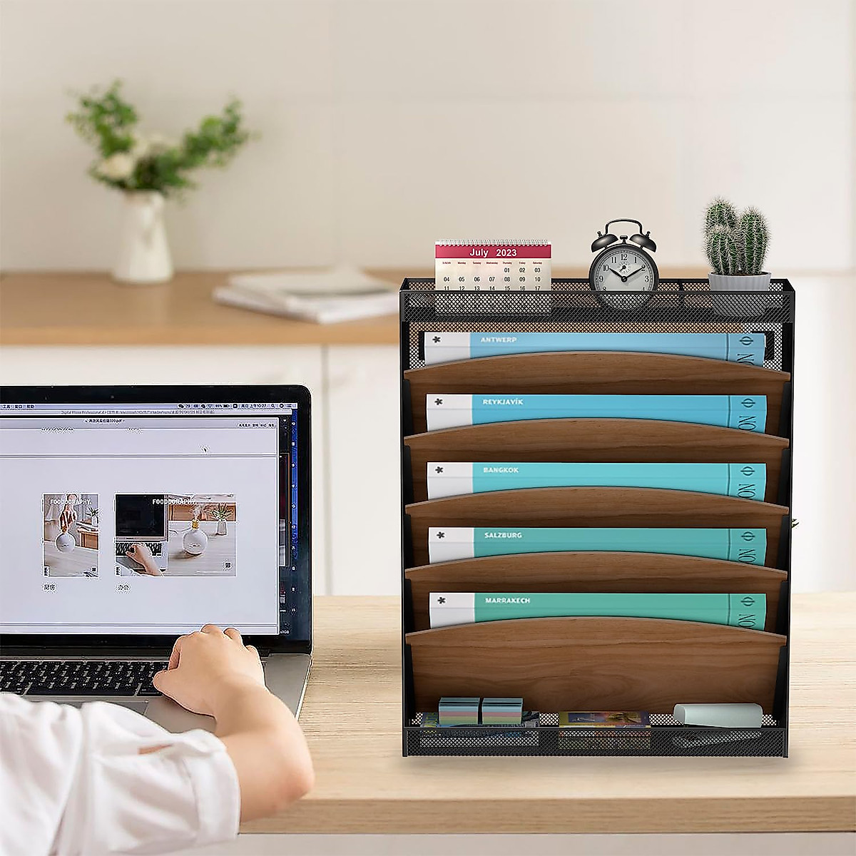 Aimeaihe Wall File Organizer, Wood Wall File Holder, 7 Tier Vertical Hanging Wall File Organizer, 5 Pockets Wall Mount File Holder with Top and Bottom Flat Tray for Office School Home, Black