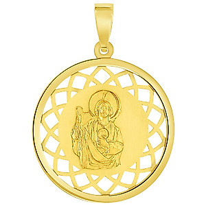 Jewelry America 14k Yellow Gold Round Open Ornate Medal of Saint Jude Thaddeus the Apostle Pendant