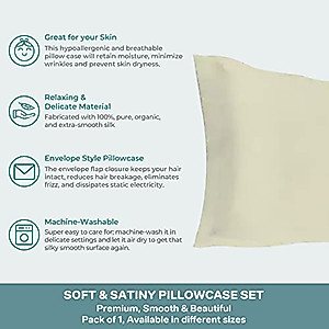 Spasilk Pure Silk Pillowcase, Charmeuse Silk Pillowcase, Hypoallergenic Pillowcase, King Sized, Ivory