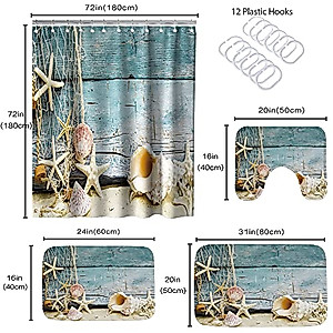 Seashell Nautical Fishing Nets Conch Starfish Beach Ocean Bathroom Shower Curtain 72" x 72" and Rugs 20" x 31" Accessory Decor with Bath Mat, U-Shaped Contour, Toilet Lid Cover and Hooks Set of 4 PCS