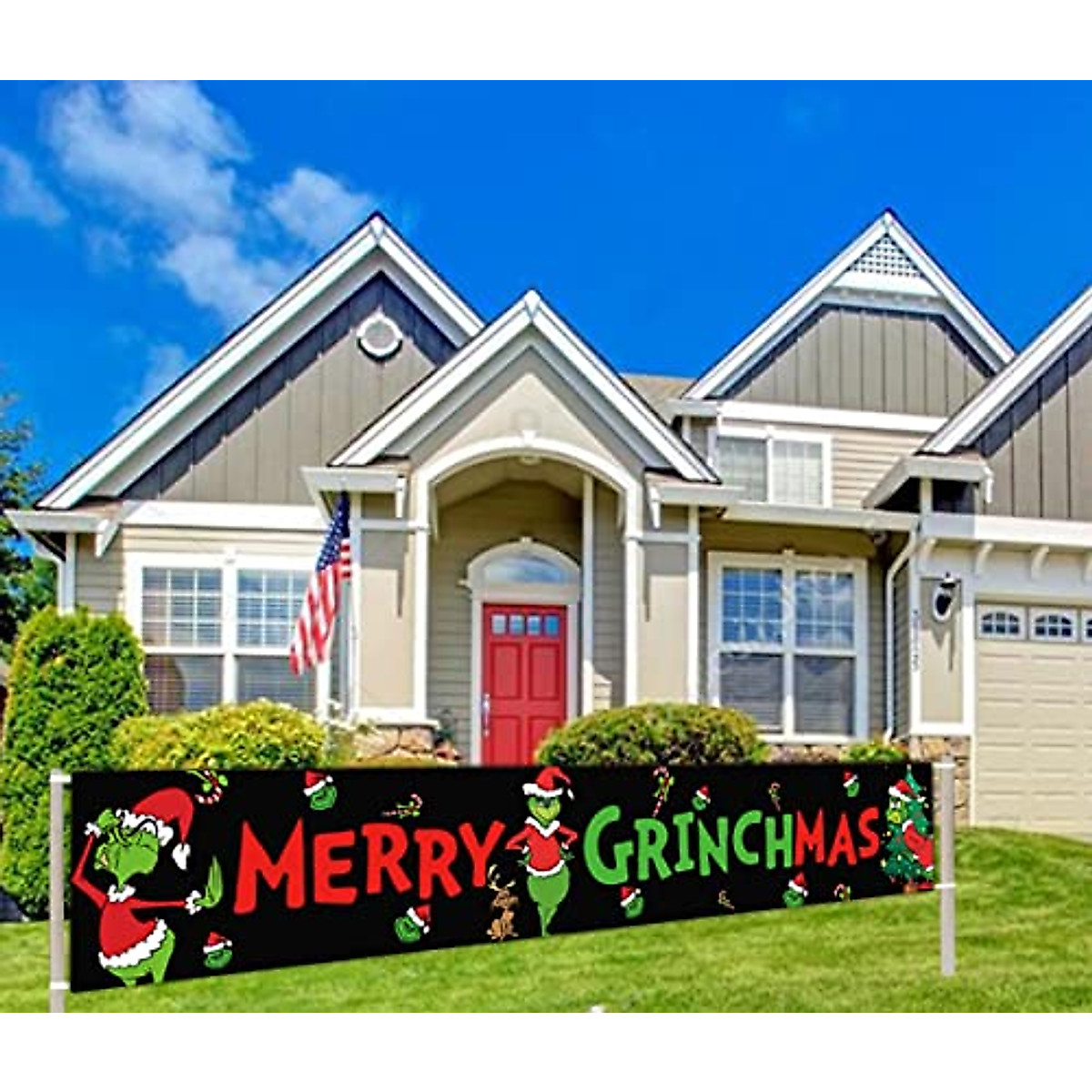 Huras Large Merry Grinchmas Sign Banner Grinch Theme Christmas Banner Christmas Party Supplies Decorations Black Xmas Holiday New Year Party Supplies Christmas Yard Sign Banner - 9.8 X 1.6 FT