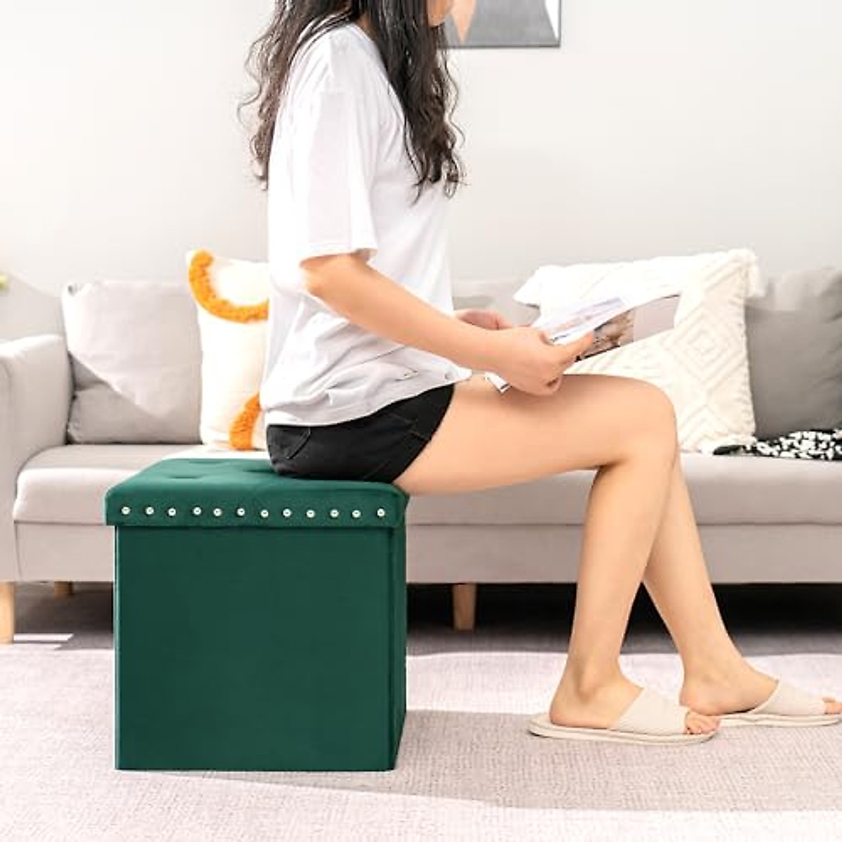 B FSOBEIIALEO Storage Ottoman Cube, Folding Tufted Ottomans with Storage,Coffee Table Top Cover, Toy Chest Storage Boxes Footrest Stool for Bedroom, Luxury Velvet Fabric 15.7 Inches Green