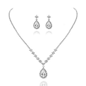 Aukmla Bride Wedding Necklace Earrings Set Silver Rhinestones Necklaces Bridal Crystal Jewelry Accessories for Women (Set of 3)