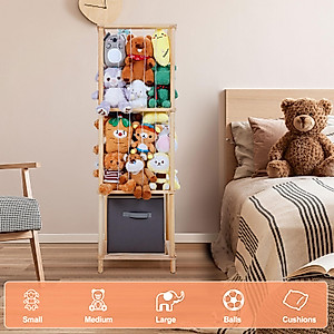 ACEPRUT Wood Stuffed Animal Storage Holder with Storage Basket, Space Save Three Tier Vertical Large Stuffed Animal Zoo Organizer for Playroom Bedroom, Toy Storage Birthday Gifts for Kids