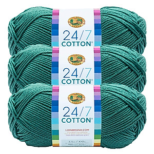 Lion Brand 24/7 Cotton Yarn, Yarn for Knitting, Crocheting, and Crafts, Jade, 3 Pack