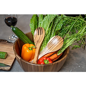 E&WES CO Large Solid Wood Salad Bowl Set 12-Inch Diameter With Wooden Utensils Spoon And Fork - Bowls Great For Mixing