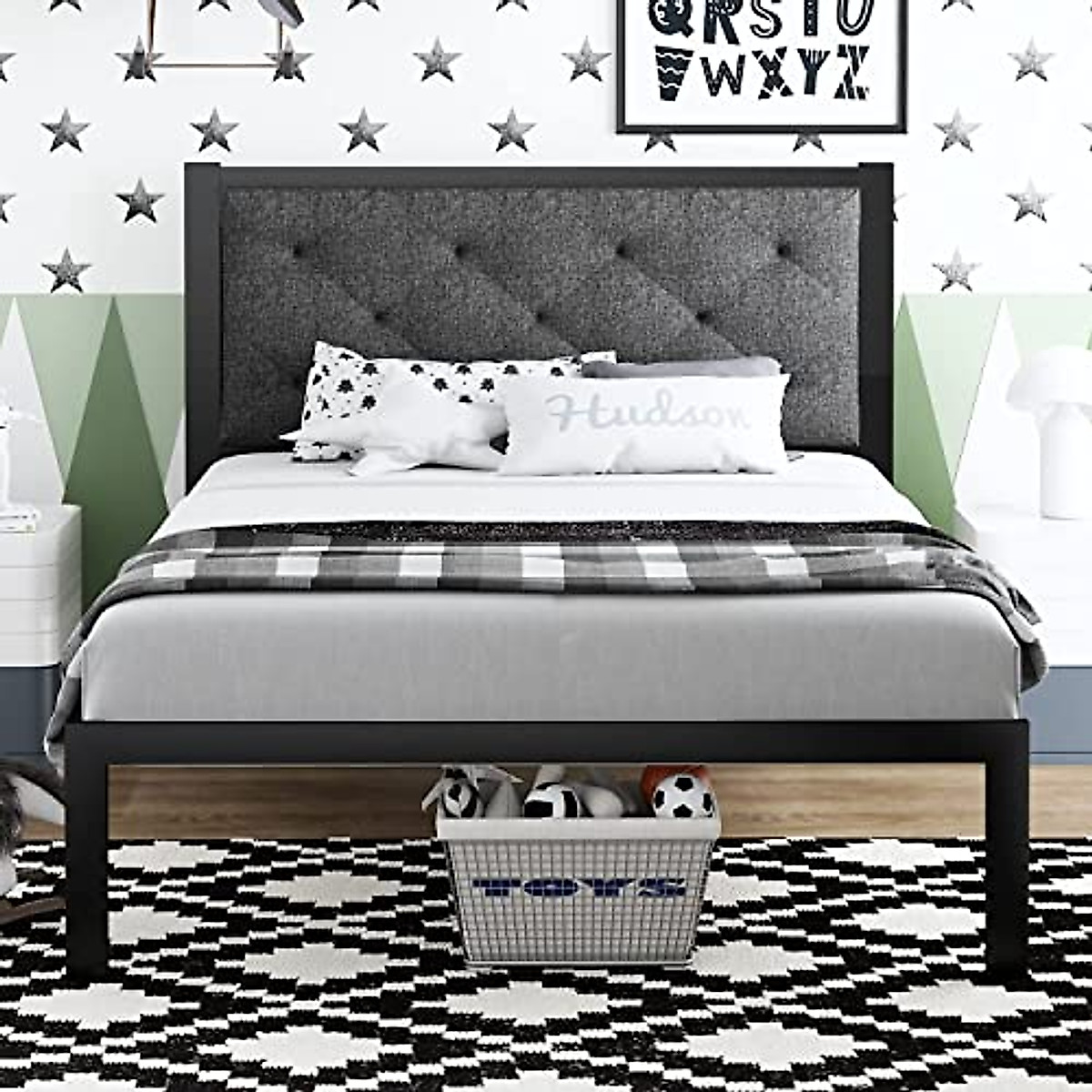 SHA CERLIN Twin Size Metal Platform Bed Frame with Fabric Upholstered Button Tufted Headboard, Mattress Foundation with 17 Strong Metal Slats Support, No Box Spring Needed, Easy Assembly, Dark Grey