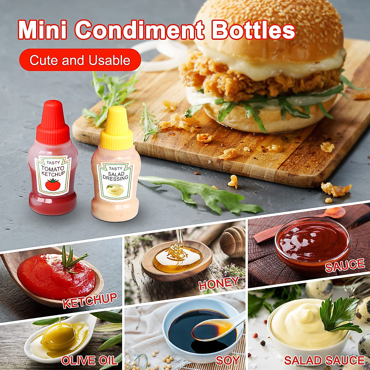 WXJ13 8 Pieces Mini Condiment Squeeze Bottles, 25ml Refillable Honey Ketchup Sauce Salad Dressing Squeeze Containers, Mini Ketchup Bottles, Plastic Portable Squeezable Jars Containers, 4 Style