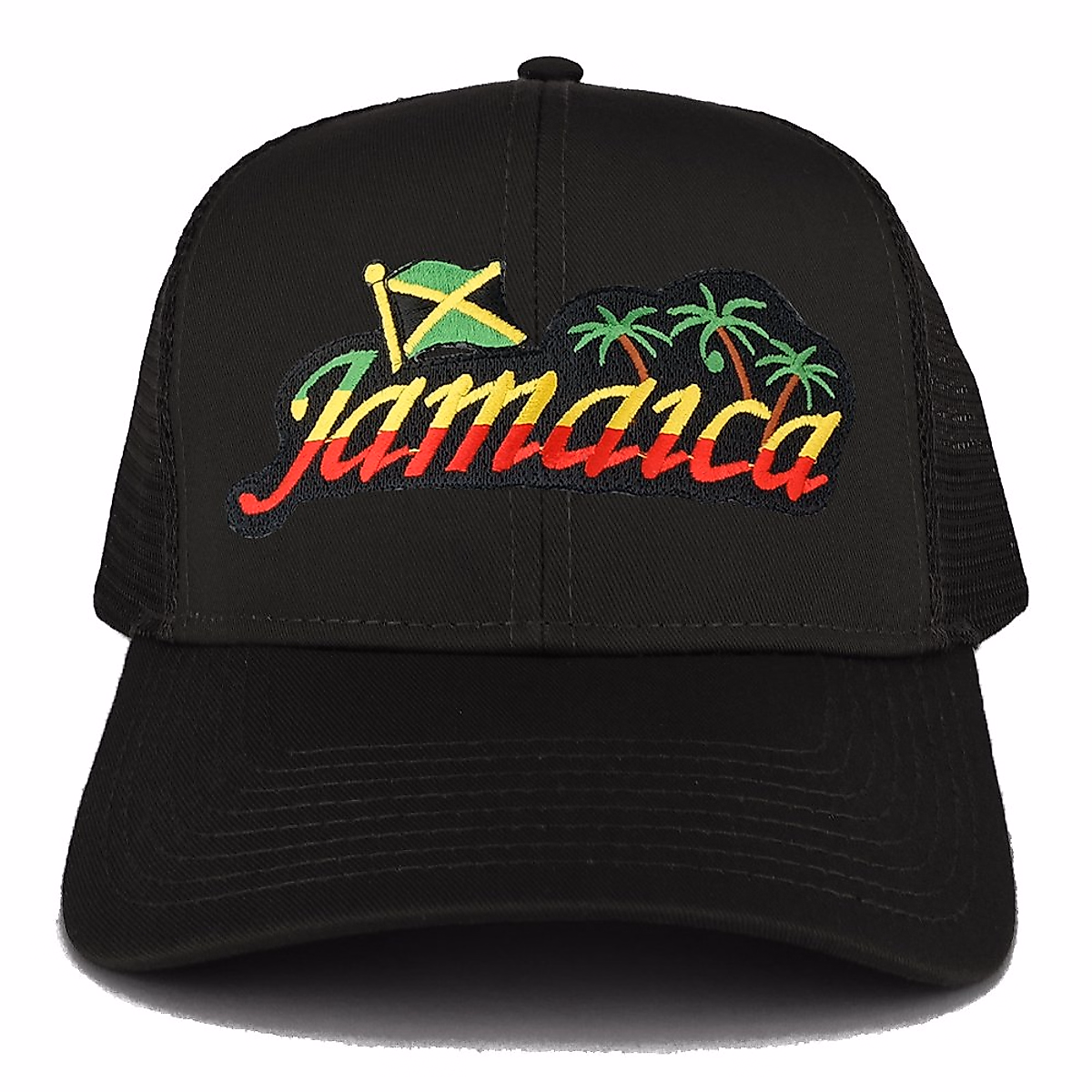 RGY Rasta Jamaica Text Island Palm Tree Iron on Patch Ajustable Trucker Cap - Black