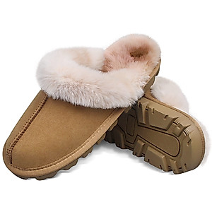 EZSURF Womens Fuzzy Outdoor House Slippers Super Soft Slip On Slippers Cozy Plush Faux Fur Scuff Indoor Fluffy Slipper Shoes Rubber Sole,Chestnut 9-10