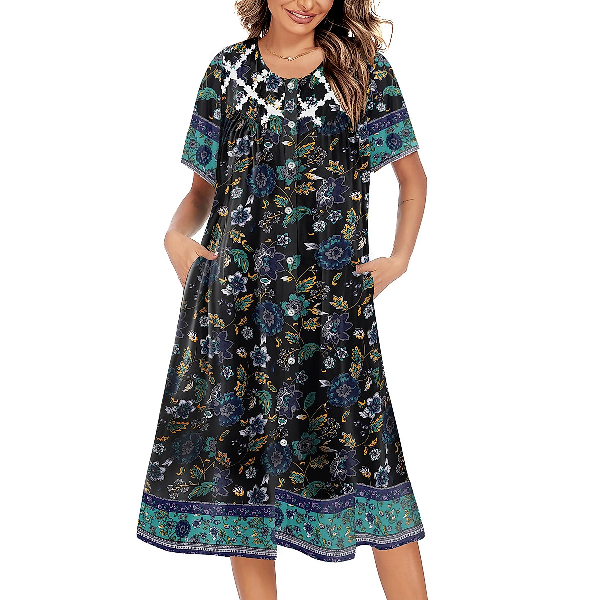 Ekouaer House Dress for Women Button Down Nightgown Short Sleeve Housecoat with pockets S-4XL,Navy Blue Flower,XL