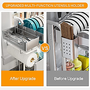 LIVOD Over The Sink Dish Drying Rack, 2 Tier Stainless Steel Over Sink Dish Drying Rack Adjustable (25.6"-37.6"), Large Over Sink Dish Rack for Kitchen Space Saving, Silver