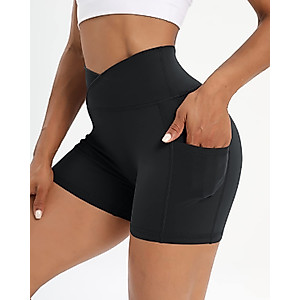 Workout Shorts for Women 2 Pcs Pack Cross Waist Active Gym Spandex Stretchy Yoga Compression with Side Pockets Black+Black-M