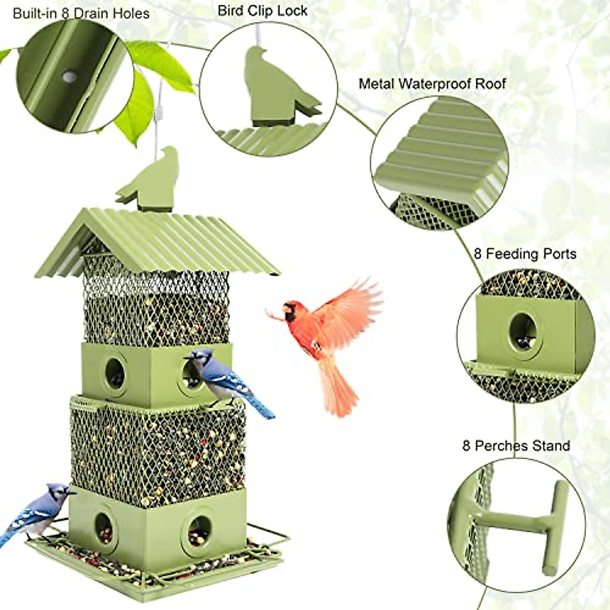 Metal Bird Feeder for Outside,6.2 lbs Large Capacity for Outside Hanging Bird Feeder for Wild Birds Chew-Proof and Water Resistant Wild Bird feeders for Cardinal, Finch, Chickadee, Blue Jay(Green)