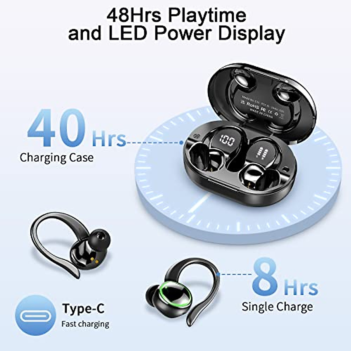 Wireless Earbuds, Bluetooth 5.3 Headphones Stereo Bass, 48H Playtime Earphones with LED Power Display, Over-Ear Buds with Earhooks Built-in Mic, IP7 Waterproof Headset for Sport Running Workout