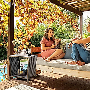 Wicker Side Table Porch Square Side Coffee Table with Glass Top and Storage Small End Tables Outdoor Porch Sofa Tables or Patio Lawn Balcony Pool Decoration Gold