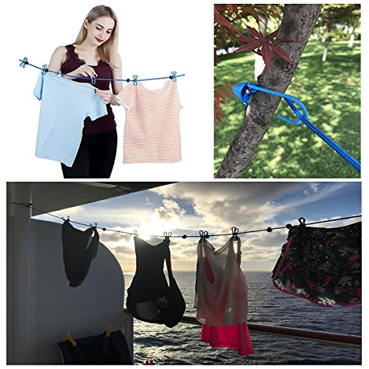 Vshinic Portable Clothesline with 12 Clothespins,Travel Retractable Clothesline,Wind-Proof Clothes Drying Line for Camping Hotel Indoor & Outdoor Blue