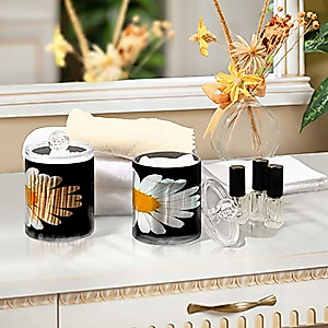 ALAZA White Daisy Flower 2 Pack Qtip Holder Dispenser with Lid 14 Oz Clear Plastic Apothecary Jar Containers Jars Bathroom for Cotton Swab, Ball, Pads, Floss, Vanity Makeup Organizer