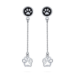 BFF Pet Animal Lover Linear Black Enamel Dog Cat Kitten Puppy Paw Print Dangle Earrings For Women .925 Sterling Silver