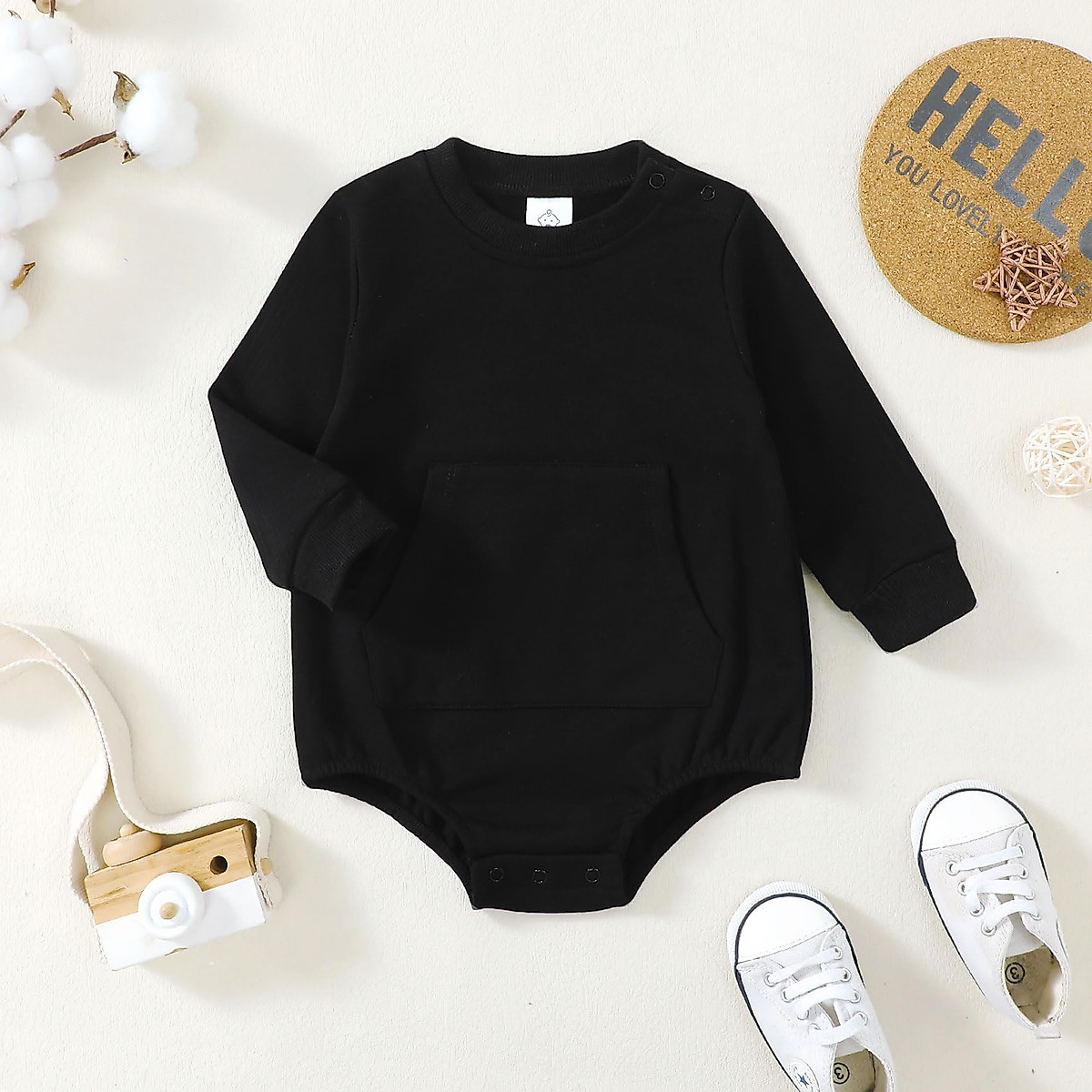 OPAWO Baby Sweatshirt Romper Onesie Newborn Boy Girl Bubble Romper Infant Crewneck Oversized Sweater Long Sleeve Pocket Bodysuit Fall Winter Clothes Outfits(Black,6-9Months)