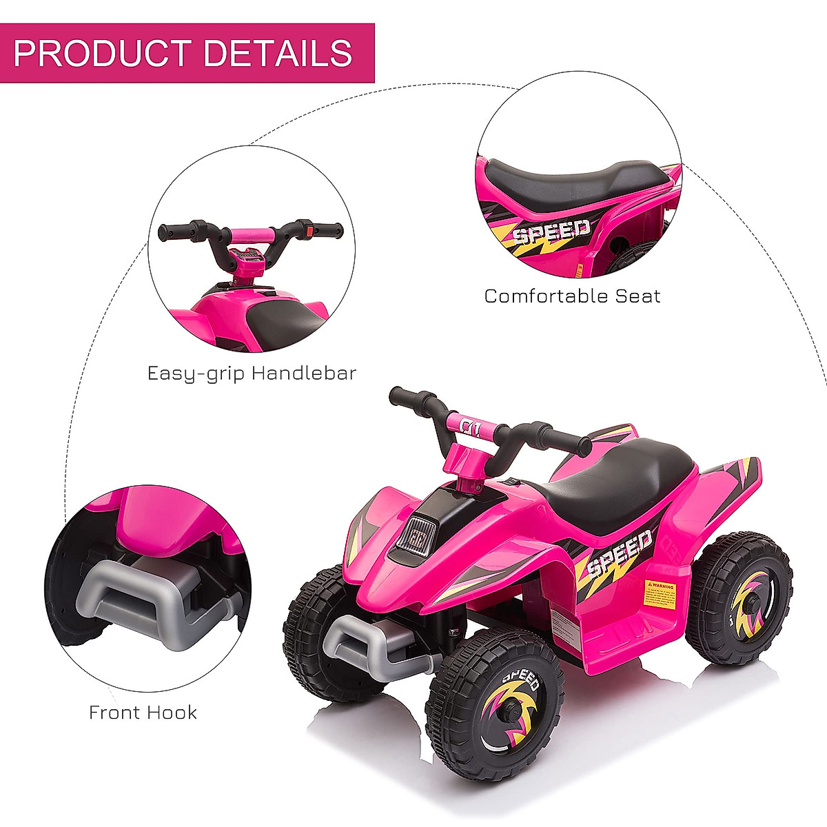 Aosom 6V Kids ATV 4-Wheeler Ride on Car, Electric Motorized Quad Battery Powered Vehicle with Forward/Reverse Switch for 18-36 Months Old Toddlers, Pink